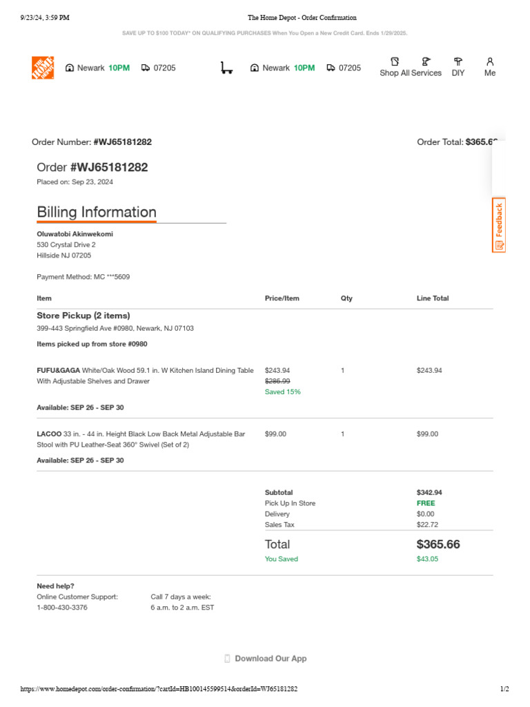 The Home Depot - Order Confirmation | PDF