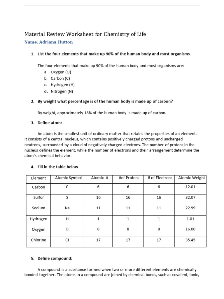 2 Material Review Worksheet Chemistry of Life | PDF