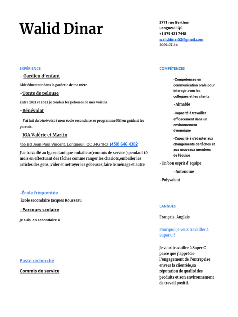 Walid Dinar: Gardien D'enfant | PDF