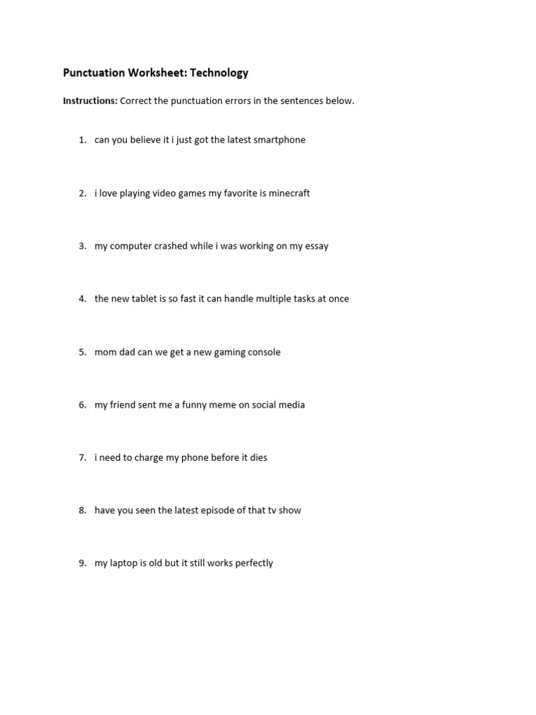 Punctuation Worksheet: Technology: Instructions | PDF