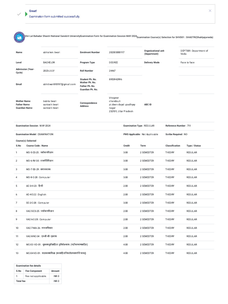 Examination Form Submitted Successfully.: Great! | PDF