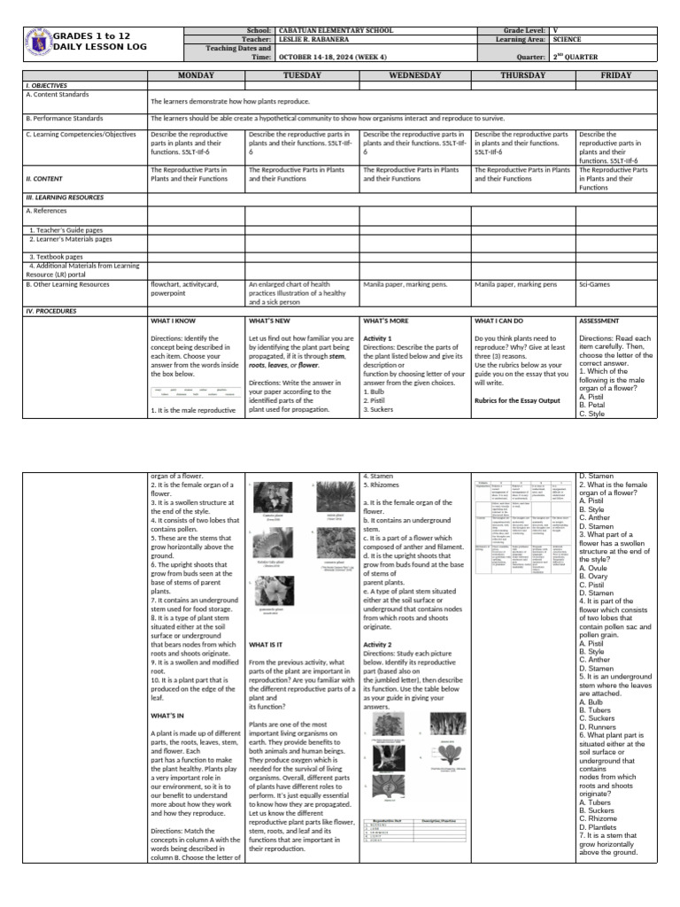 DLL - Science 5 - Q2 - W4 | PDF | Flowers | Plant Reproduction