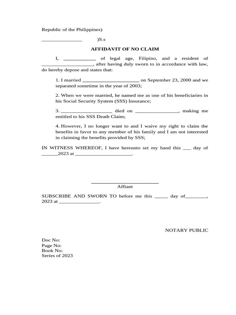 Affidavit of No Claim for SSS Benefits | PDF