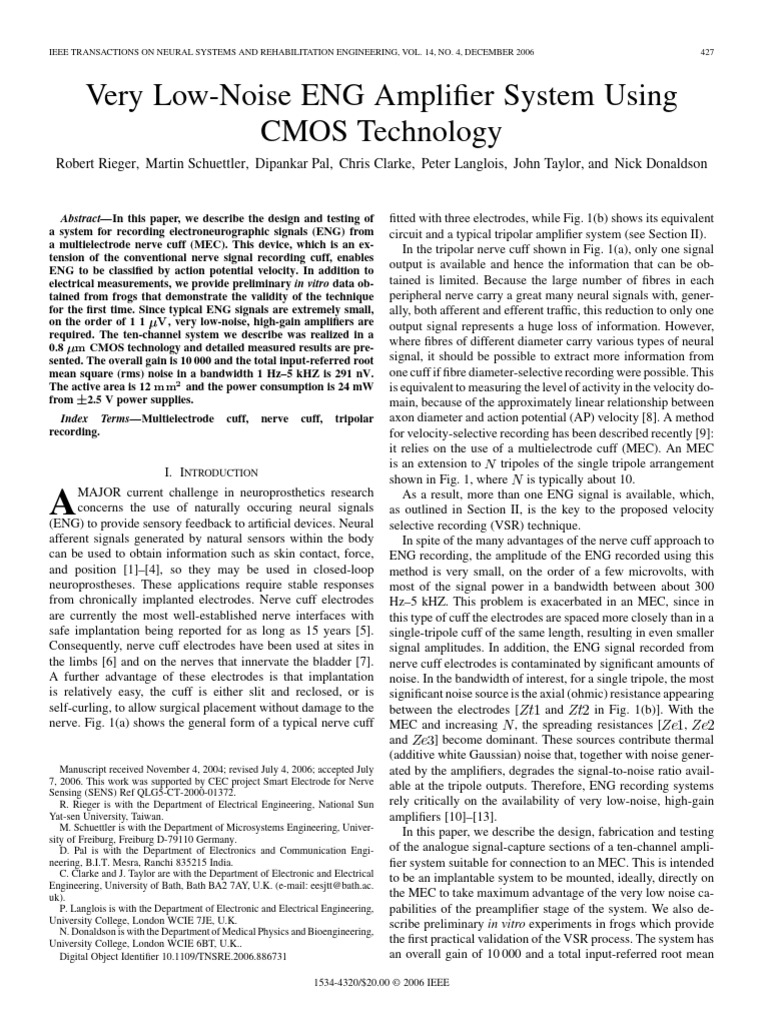 Very Low-Noise ENG Amplifier System Using CMOS Technology | PDF