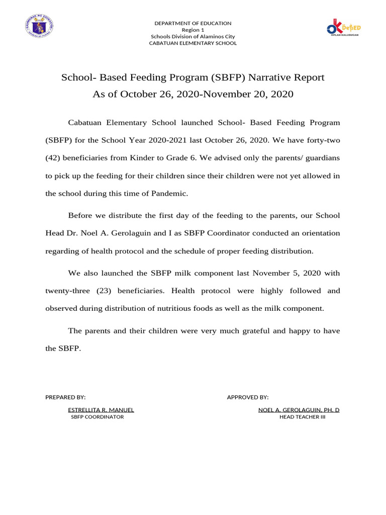 SBFP Narrative Report 2020 | PDF | Wellness