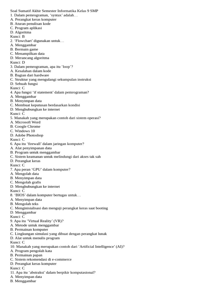 Soal STS Informatika Kelas 9 | PDF