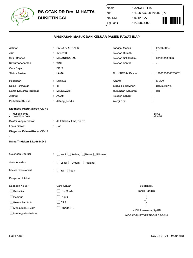 Ringkasan Masuk Keluar Pasien Azra | PDF