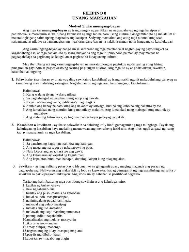Filipino 8 Unang Markahan Modyul | PDF