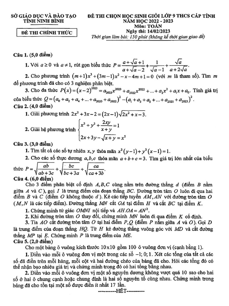 De Hoc Sinh Gioi Toan 9 Cap Tinh Nam 2022 2023 So GDDT Ninh Binh | PDF