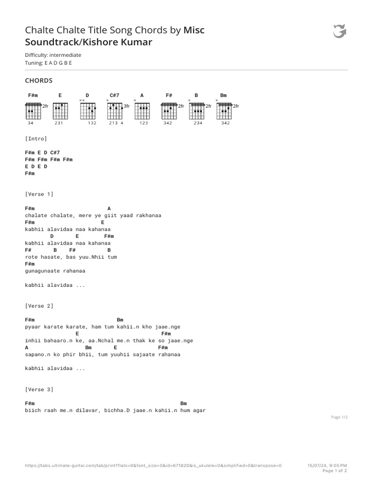 Chalte Chalte Title Song Chords by Misc Soundtracktabs at Ultimate ...