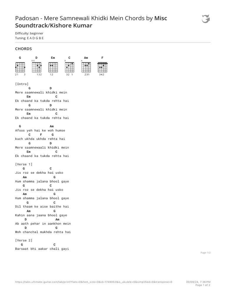 Padosan - Mere Samnewali Khidki Mein Chords by Misc Soundtracktabs at ...