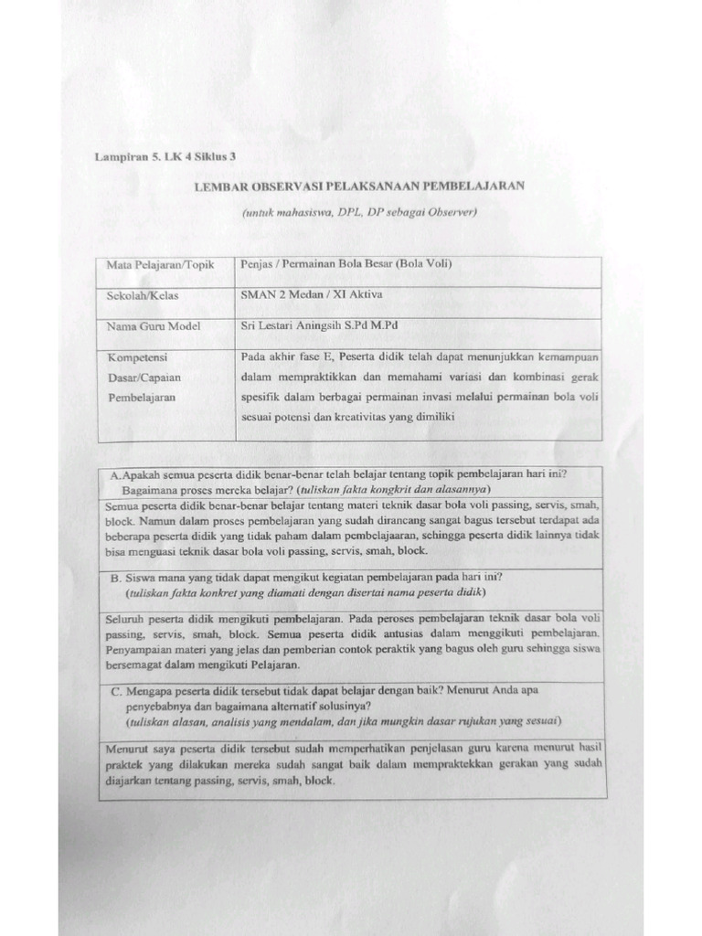 01.05.6-B4-13 Unggah LK 4 - Lembar Observasi Pembelajaran Guru Pamong - Siklus 3 | PDF