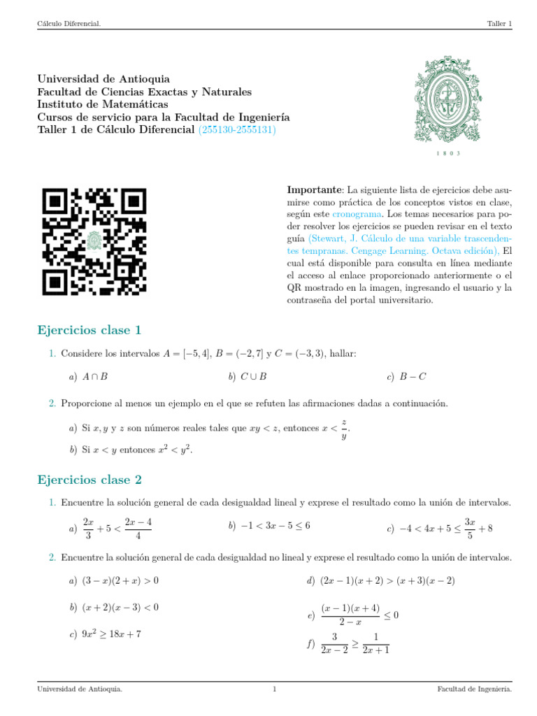 Taller 1 de Cálculo Diferencial UdeA | PDF | Matemáticas