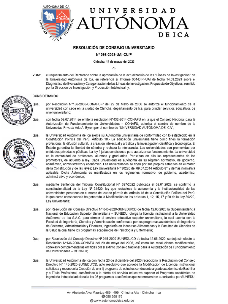 Rcu #098 2023 Lineas de Investigacion de La Uai V9 | PDF