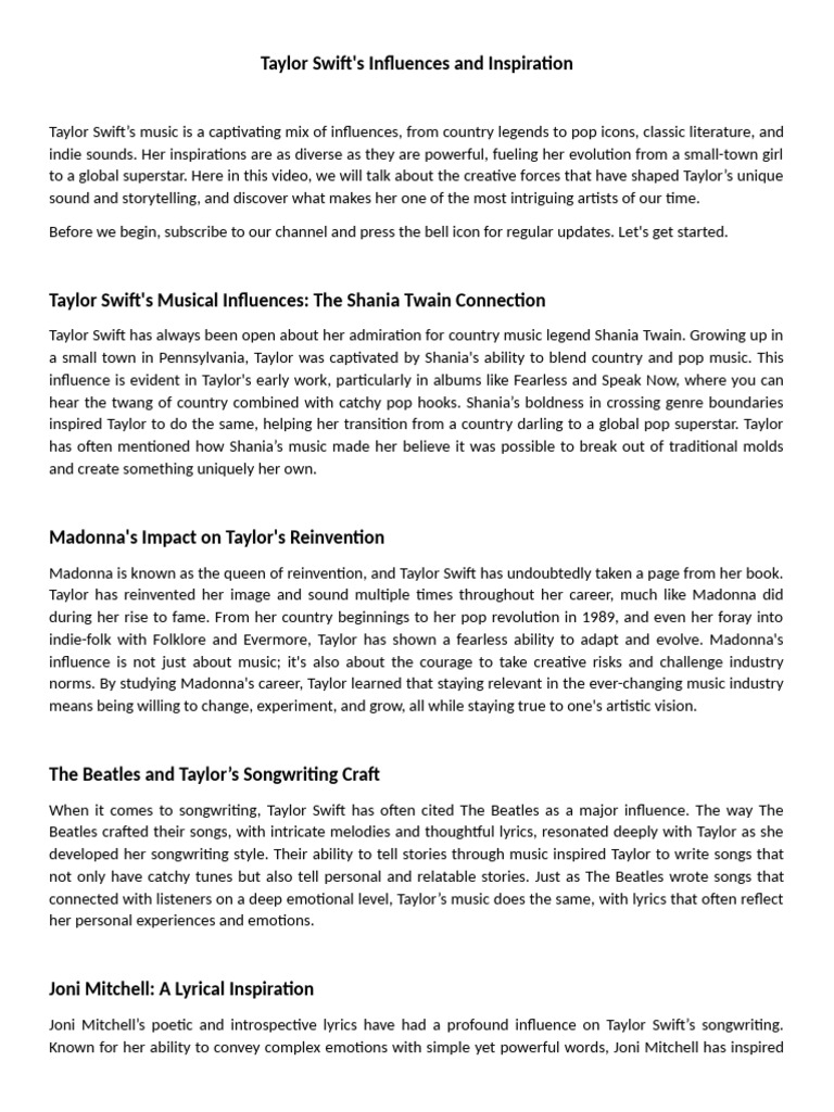 Taylor Swift's Influences and Inspiration | PDF | Taylor Swift ...