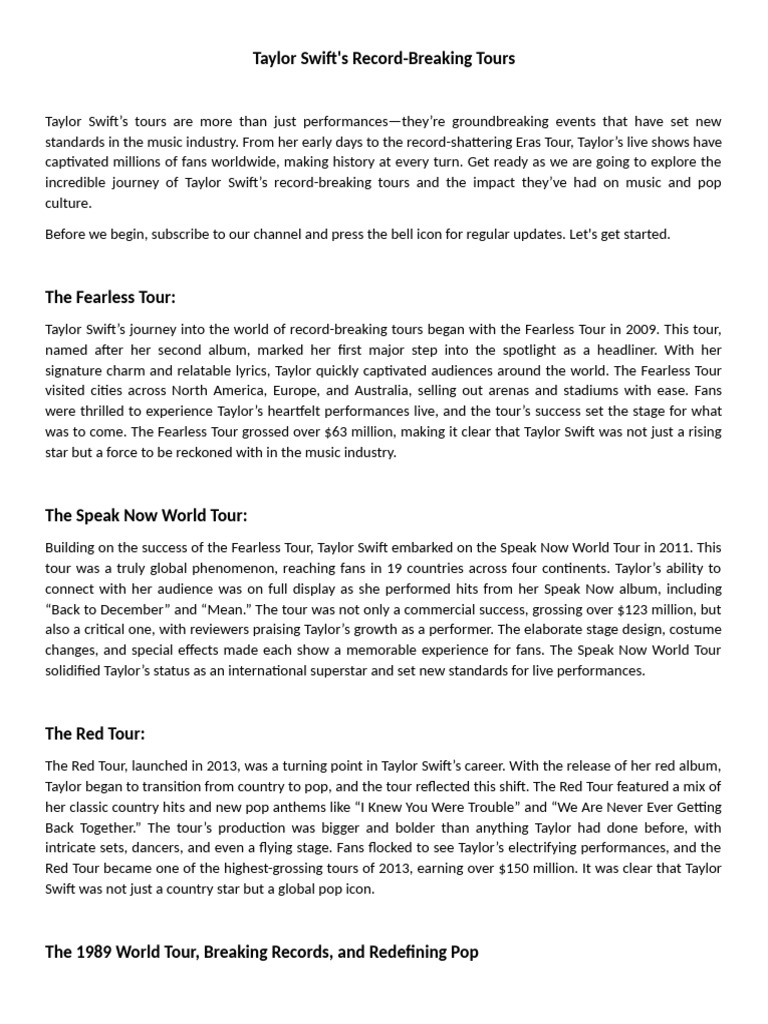 Taylor Swifts Record-Breaking Tours | PDF | Taylor Swift | Art