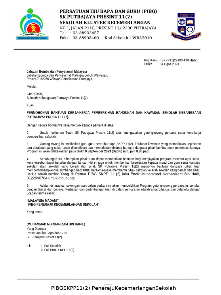 Surat Pembersihan Kepada Pihak Bomba | PDF