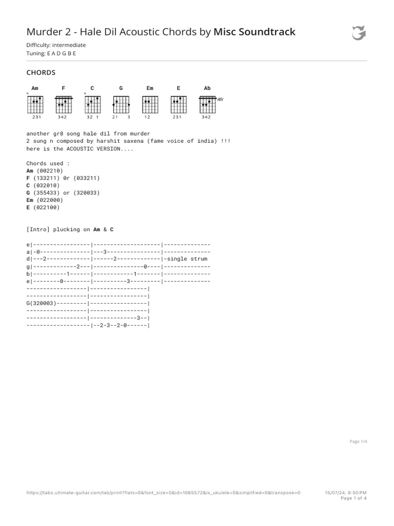 Murder 2 - Hale Dil Chords by Misc Soundtracktabs at Ultimate Guitar ...