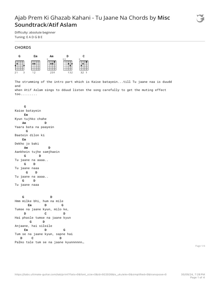 Ajab Prem Ki Ghazab Kahani - Tu Jaane Na Chords (Ver 2) by Misc ...