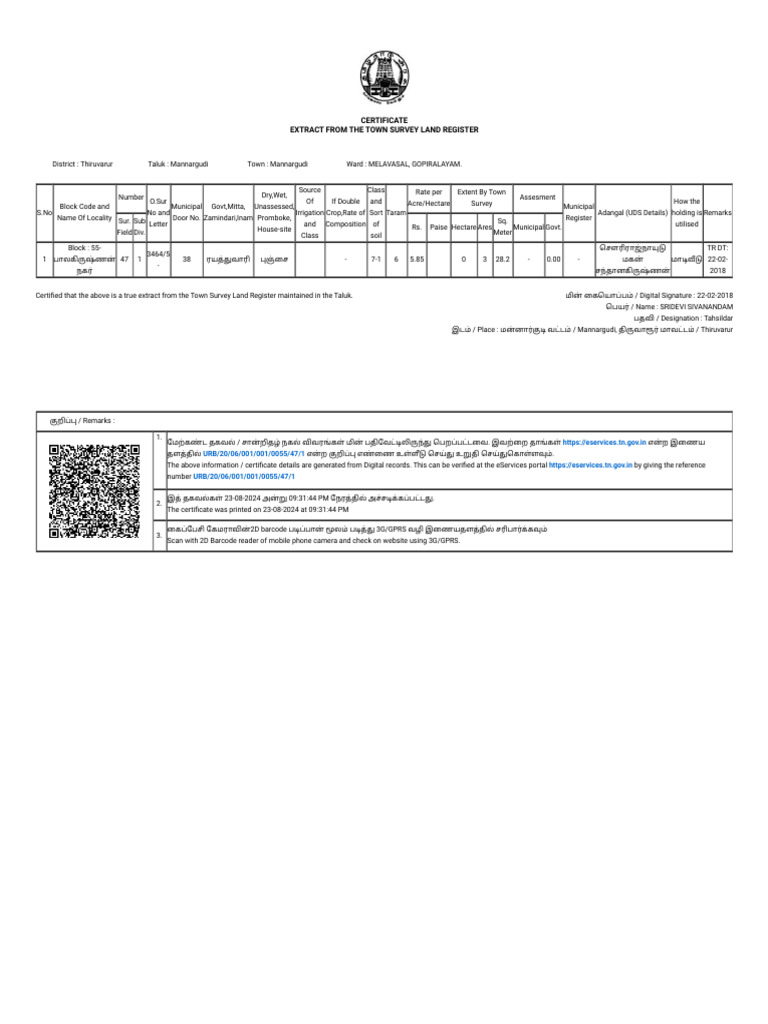 Certificate Extract From The Town Survey Land Register: URB/20/06/001 ...