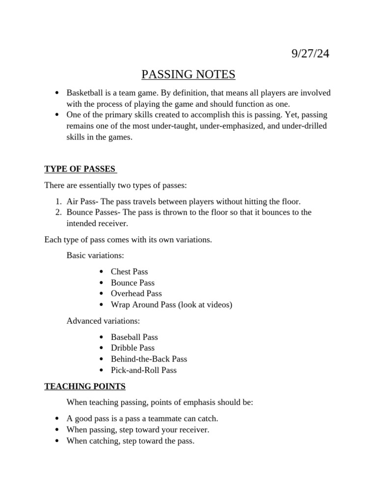 Basketball Passing Notes 2 | PDF