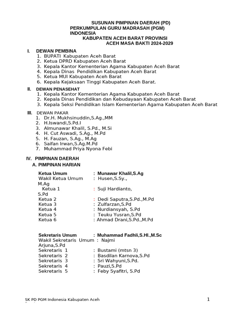 Struktur Pengurus PGM Aceh Barat | PDF