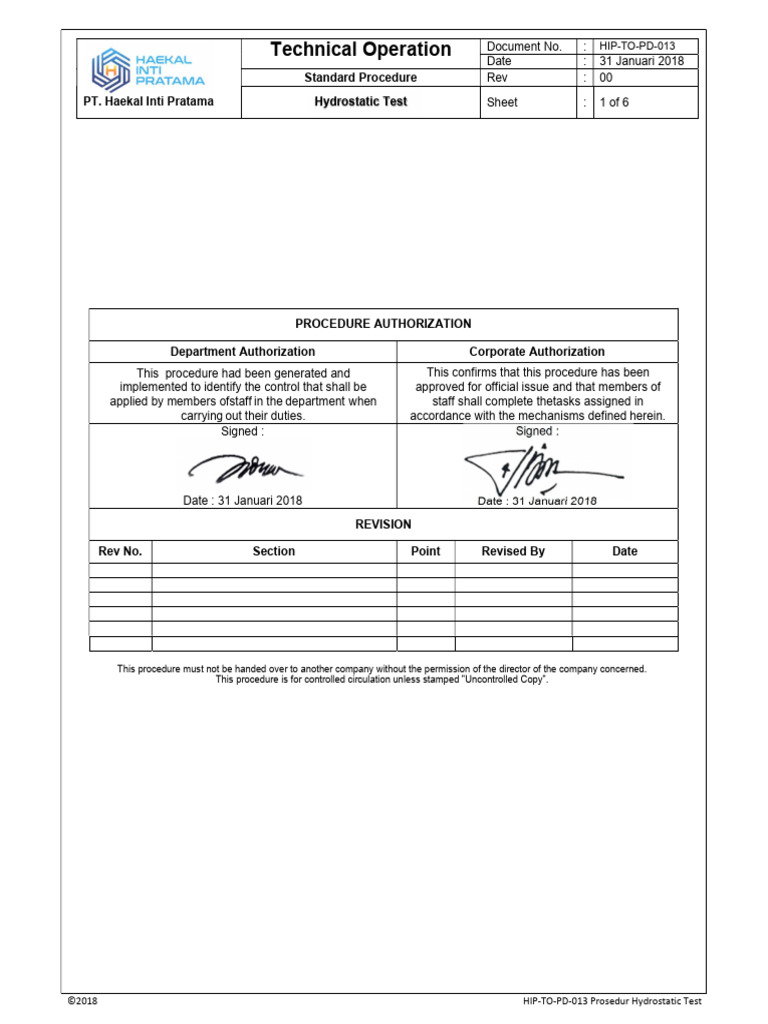 Hydrostatic Test Procedure | PDF