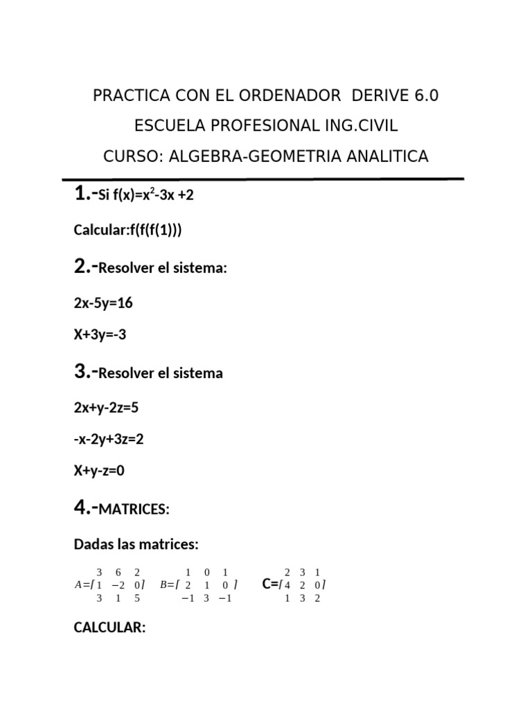 Practica Con El Ordenador Derive 6 Civil 2024 | PDF