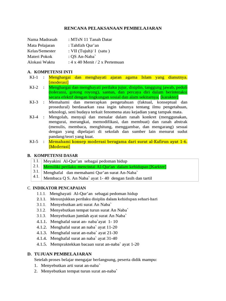 RPP Tahfidz 2024-2025 | PDF