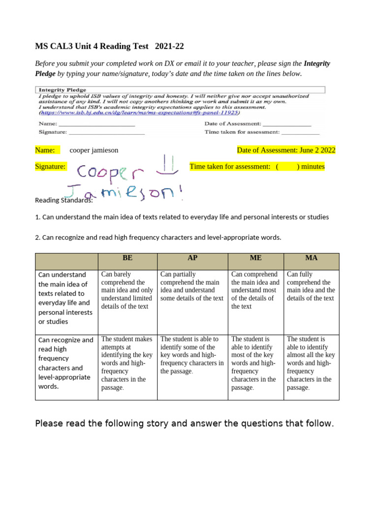 MS CAL3 Unit 4 Reading Comprehension 2021-22 Online Version | PDF | Reading Comprehension | Writing