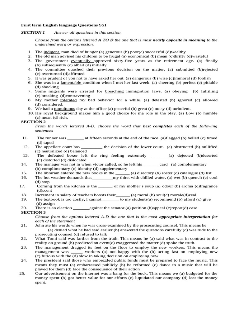 English Language SS1 - SS3 First Term Exam 2021 | PDF | Money | Teaching Methods & Materials