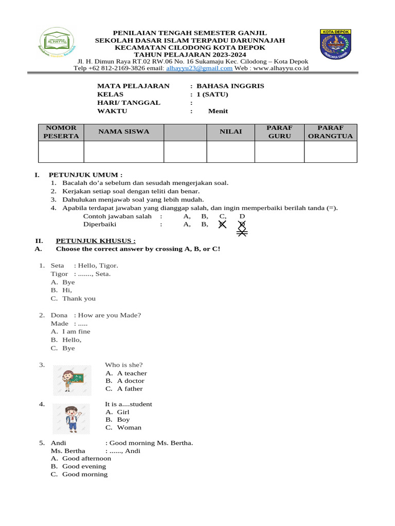 Soal PTS Kelas 1 Semester 1 | PDF | Language Arts & Discipline