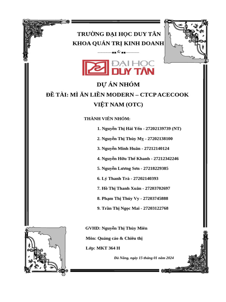 CHƯA HOÀN CHỈNH- DỰ ÁN NHÓM - MKT 364 H- MÌ ĂN LIỀN MODERN- CTCP ACECOOK | PDF