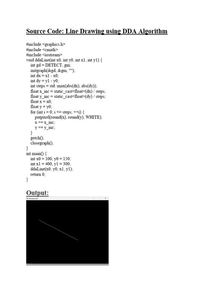 Source Code: Line Drawing Using DDA Algorithm: Output | PDF