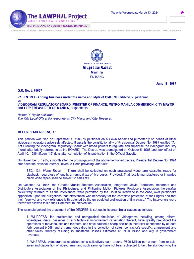 G.R. No. 75697 Tio V VRB | PDF