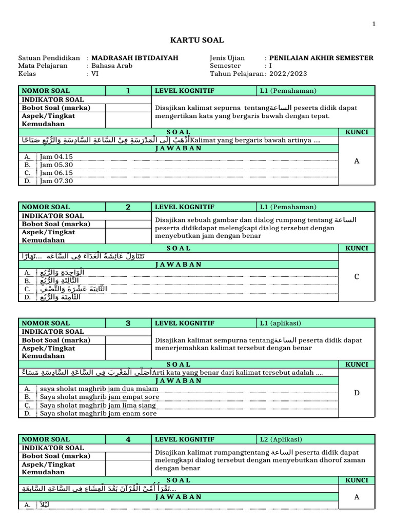 Kartu Soal Sas Ganjil - 2023 | PDF