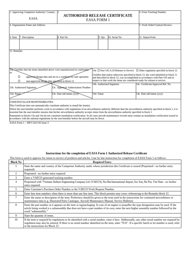 Easa Form 1 Authorised Release Certificate | PDF