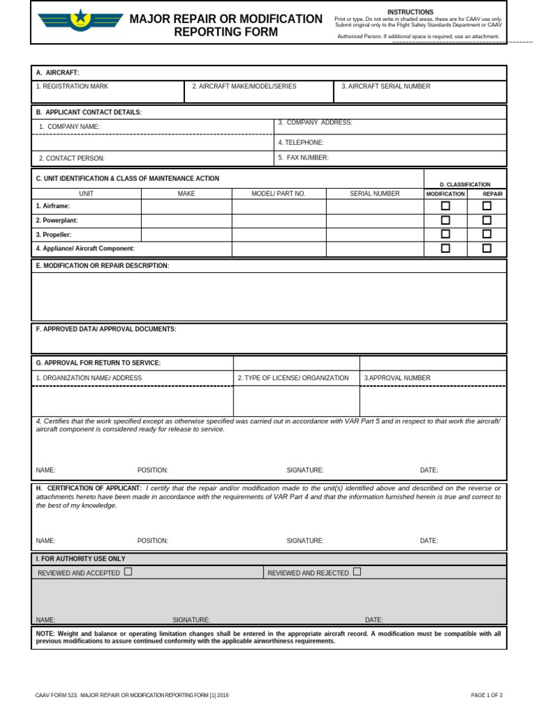 Caav Form 523 Major Repair or Modification Reporting Form | PDF