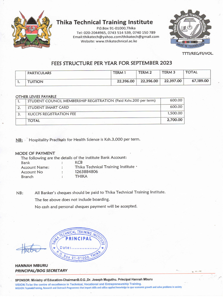 Fee Structure Thika TTI | PDF