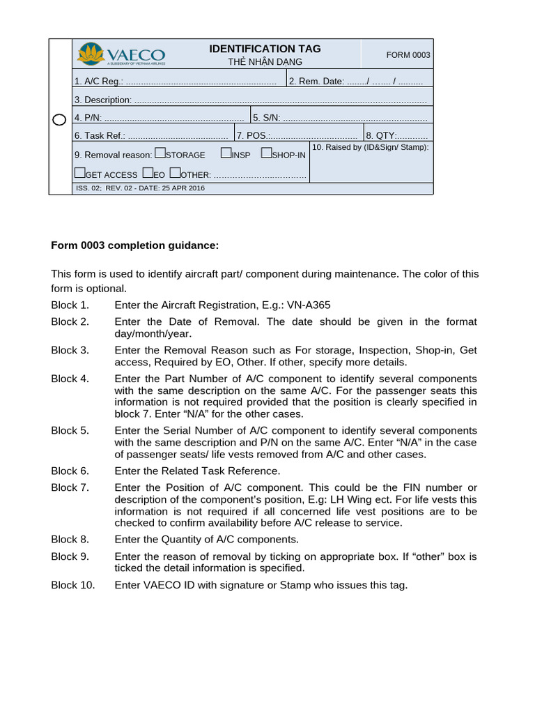 Form 0003 Identification Tag | PDF