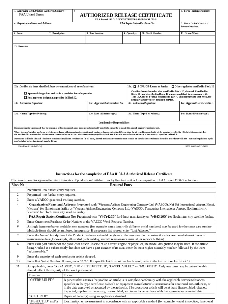 Faa Form 8130-3 Authorized Release Certificate | PDF