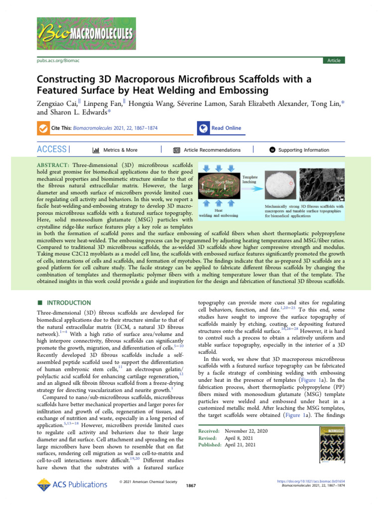 Constructing 3D Macroporous Microfibrous Scaffolds With A Featured Surface by Heat Welding and ...