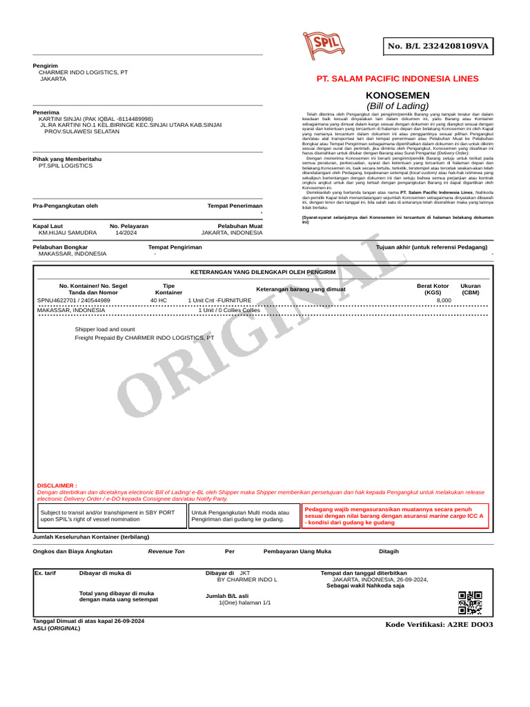 BL 2324208109va Charmer Indo Logistics, PT 784.24.09.776.va | PDF