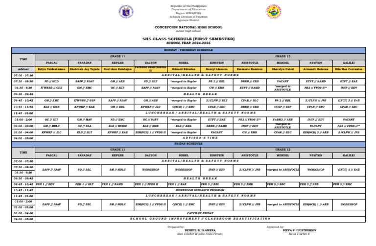 SHS First Sem Class Schedule Sy 2024 2025 | PDF