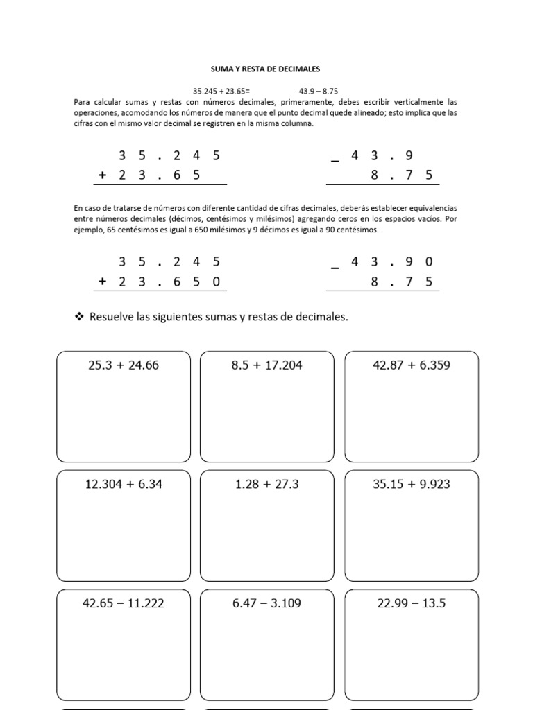 SUMA Y RESTA DE DECIMALES | PDF