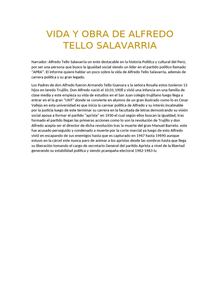VIDA Y OBRA DE ALFREDO TELLO SALAVARRIA | PDF