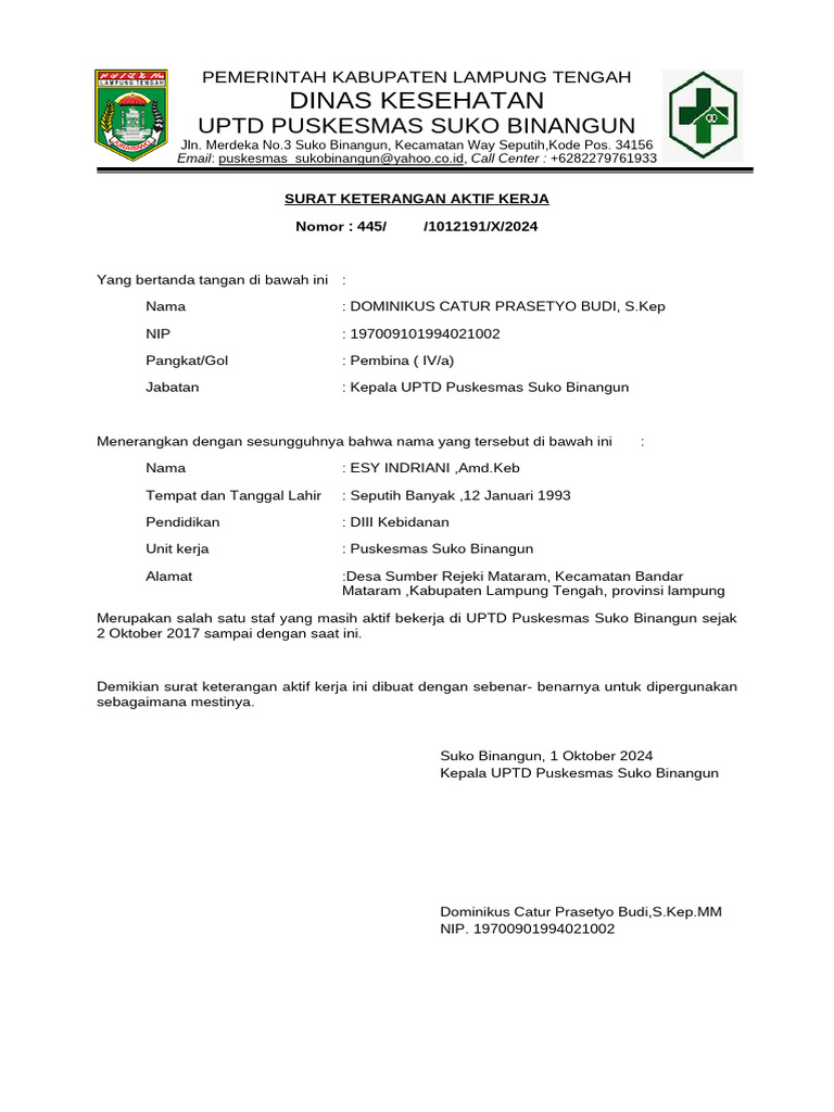 Surat Keterangan Aktif Kerja Esy | PDF