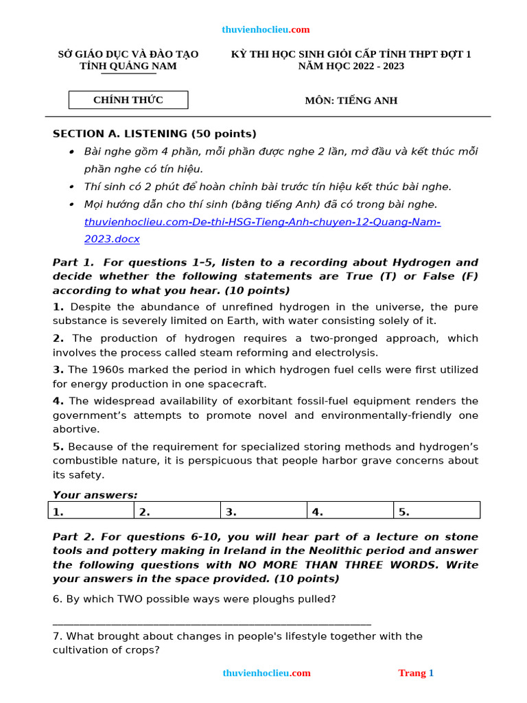 De Thi HSG Tieng Anh Chuyen 12 Quang Nam 2023 | PDF