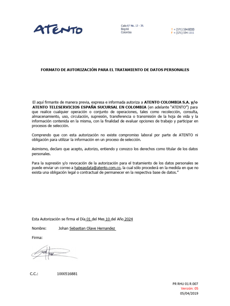 Formato de Autorización para El Tratamiento de Datos Personales | PDF