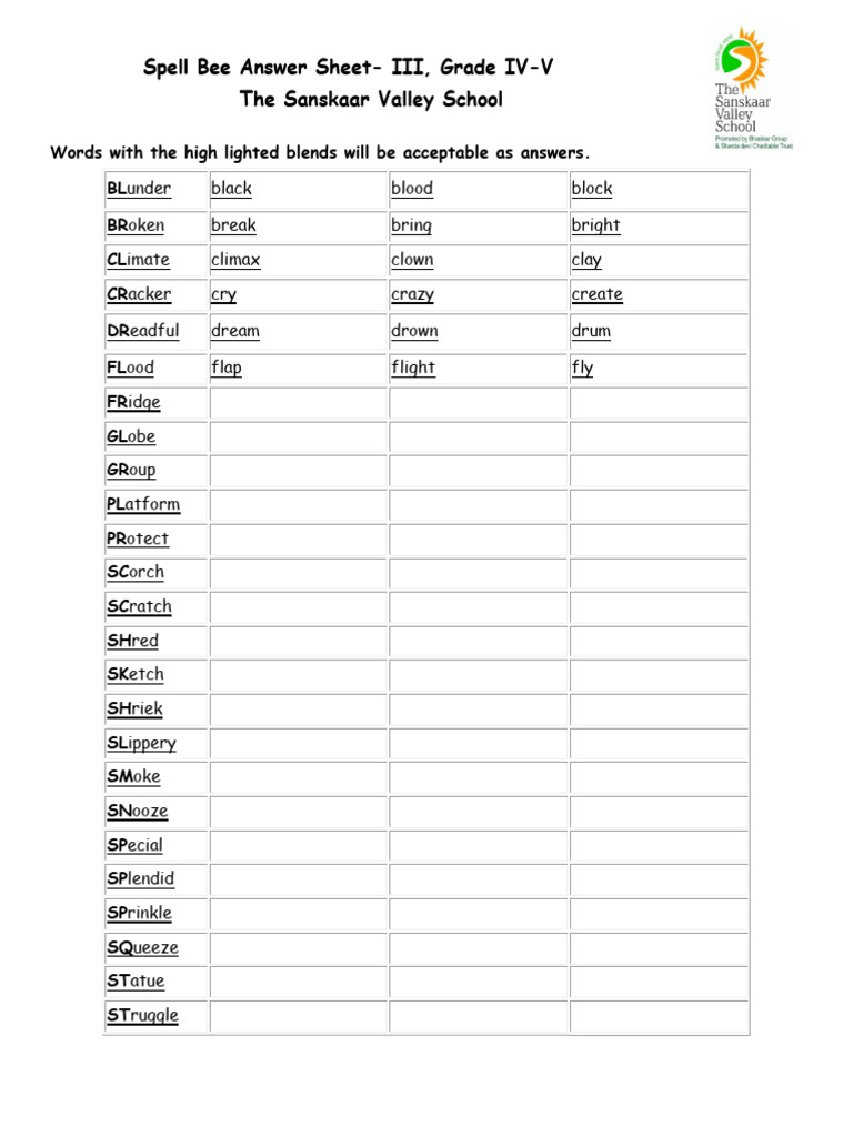 Spell Bee Answer Sheet - III | PDF